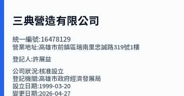 三典營造有限公司的照片-統編 16478129(高雄市) 公司登記資料與營業項目詳細圖表