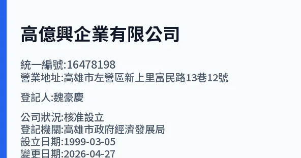 高億興企業有限公司的照片-統編 16478198(高雄市) 公司登記資料與營業項目詳細圖表