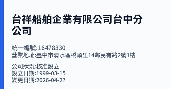 台祥船舶企業有限公司台中分公司的照片-統編 16478330(臺中市) 公司登記資料與營業項目詳細圖表
