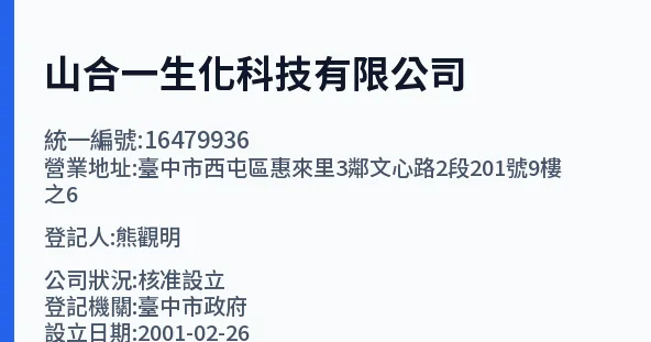 山合一生化科技有限公司的照片-統編 16479936(臺中市) 公司登記資料與營業項目詳細圖表