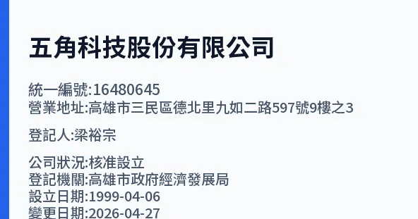 五角科技股份有限公司的照片-統編 16480645(高雄市) 公司登記資料與營業項目詳細圖表