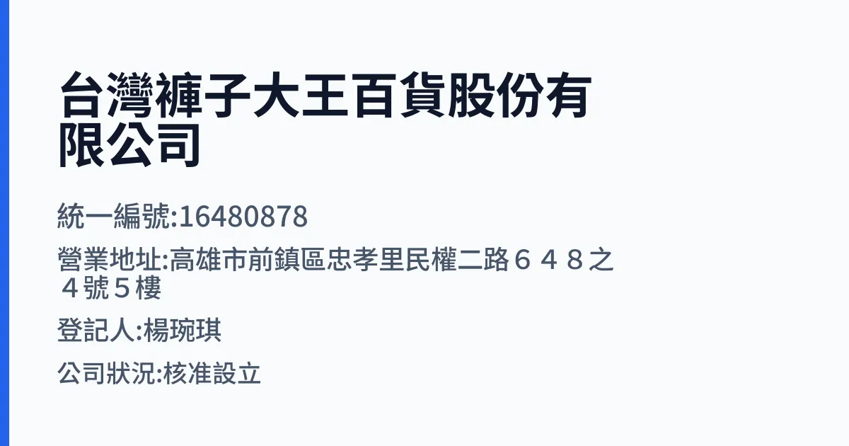 台灣褲子大王百貨股份有限公司 - 統編 16480878(高雄市) 公司登記資料與營業項目詳細圖表