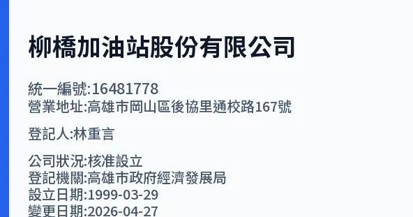 柳橋加油站股份有限公司的照片-統編 16481778(高雄市) 公司登記資料與營業項目詳細圖表