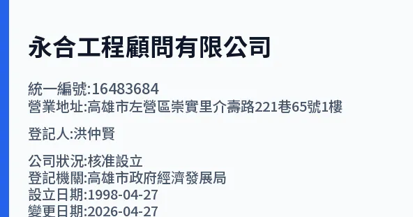 永合工程顧問有限公司的照片-統編 16483684(高雄市) 公司登記資料與營業項目詳細圖表