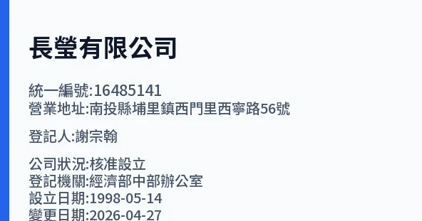 長瑩有限公司的照片-統編 16485141(南投縣) 公司登記資料與營業項目詳細圖表