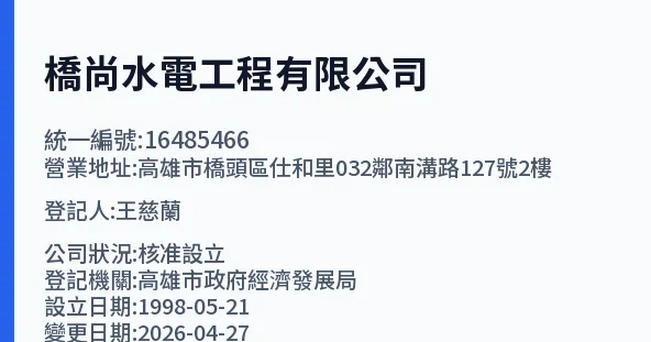 橋尚水電工程有限公司的照片-統編 16485466(高雄市) 公司登記資料與營業項目詳細圖表