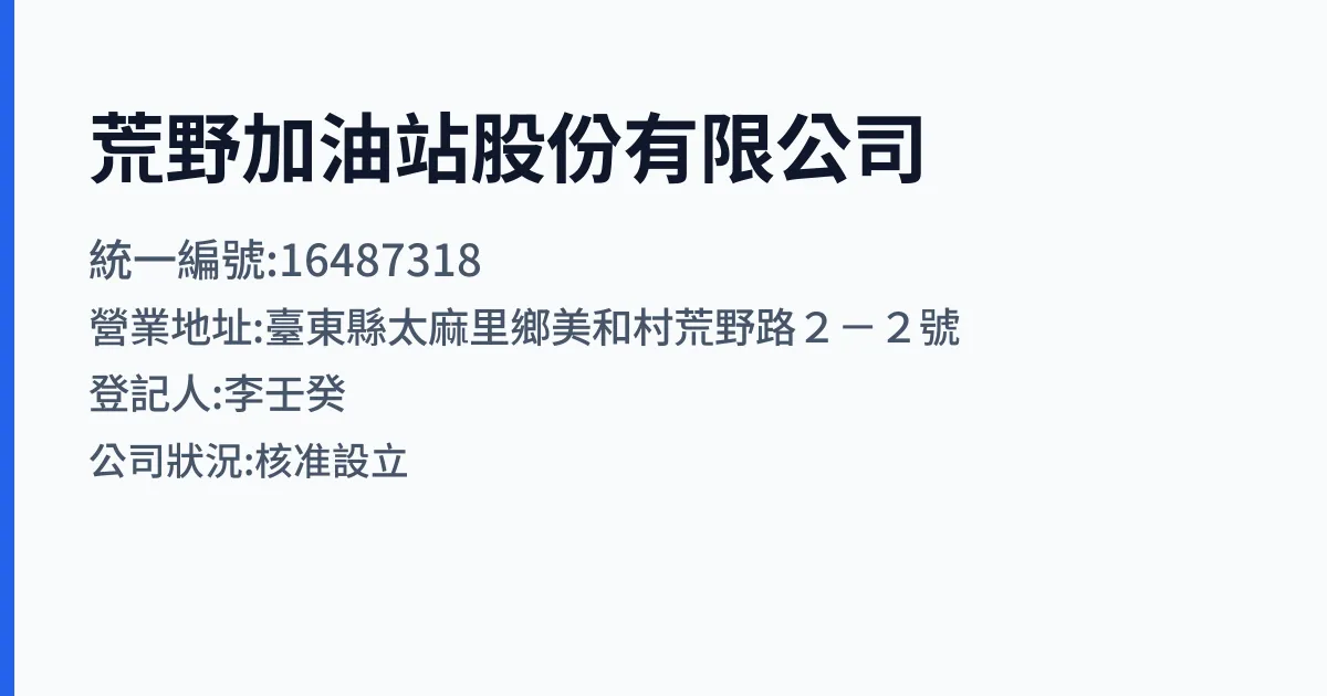 荒野加油站股份有限公司 - 統編 16487318（臺東縣） 公司登記資料與營業項目詳細圖表