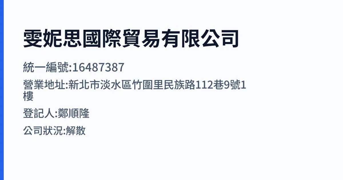 雯妮思國際貿易有限公司 - 統編 16487387(新北市) 公司登記資料與營業項目詳細圖表