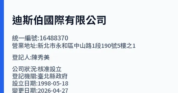迪斯伯國際有限公司的照片-統編 16488370(新北市) 公司登記資料與營業項目詳細圖表