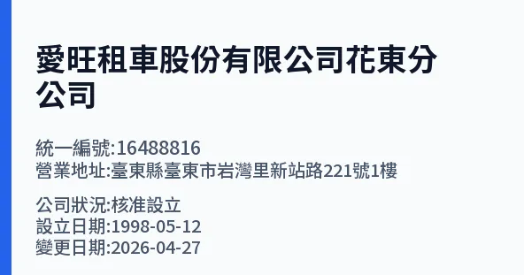 愛旺租車股份有限公司花東分公司的照片-統編 16488816(臺東縣) 公司登記資料與營業項目詳細圖表