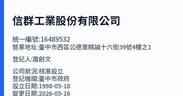 信群工業股份有限公司的照片-統編 16489532(臺中市) 公司登記資料與營業項目詳細圖表