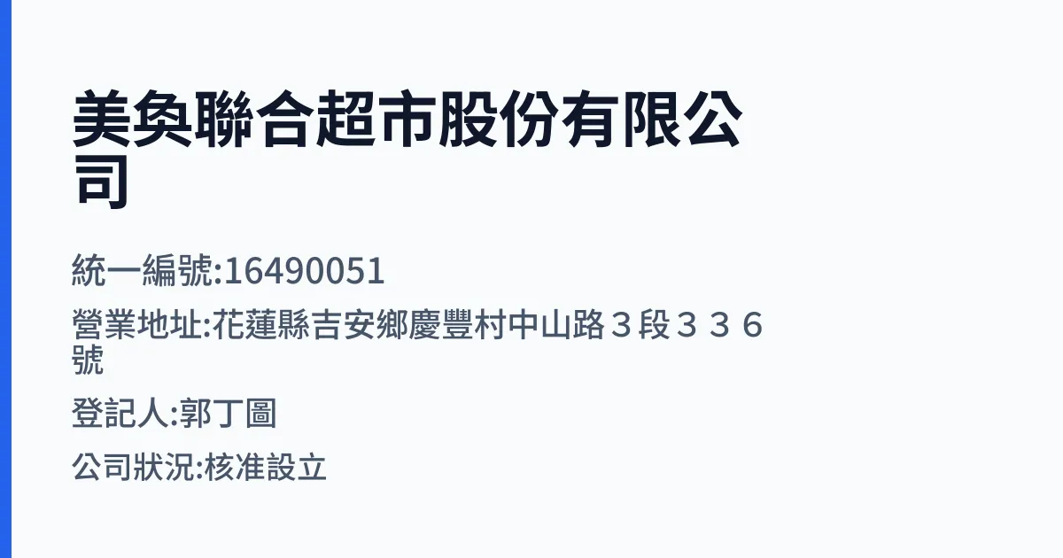 美奐聯合超市股份有限公司 - 統編 16490051(花蓮縣) 公司登記資料與營業項目詳細圖表