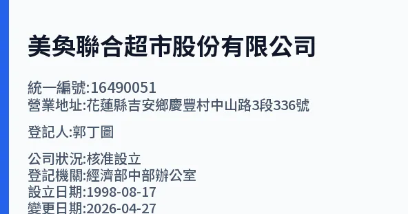 美奐聯合超市股份有限公司的照片-統編 16490051(花蓮縣) 公司登記資料與營業項目詳細圖表
