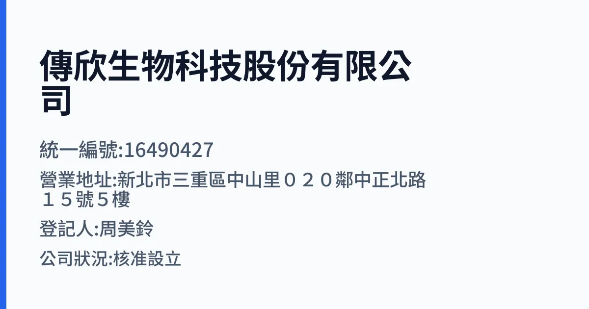傳欣生物科技股份有限公司 - 統編 16490427(新北市) 公司登記資料與營業項目詳細圖表