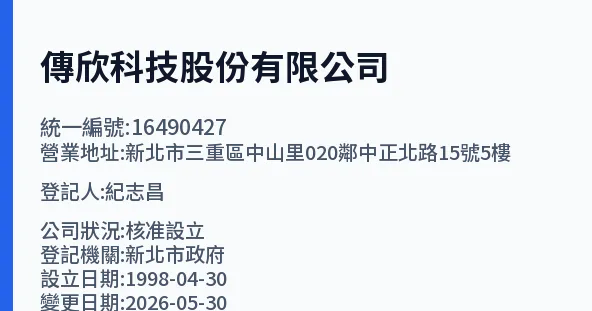 傳欣科技股份有限公司的照片-統編 16490427(新北市) 公司登記資料與營業項目詳細圖表