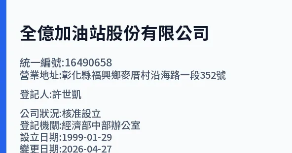 全億加油站股份有限公司的照片-統編 16490658(彰化縣) 公司登記資料與營業項目詳細圖表