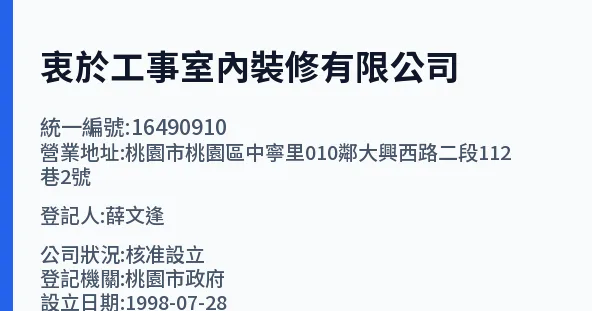 衷於工事室內裝修有限公司的照片-統編 16490910(桃園市) 公司登記資料與營業項目詳細圖表