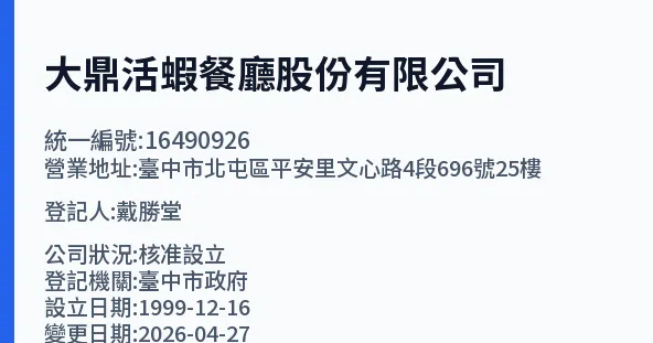 大鼎活蝦餐廳股份有限公司的照片-統編 16490926(臺中市) 公司登記資料與營業項目詳細圖表