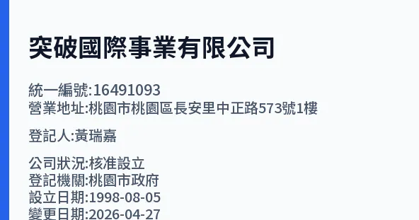 突破國際事業有限公司的照片-統編 16491093(桃園市) 公司登記資料與營業項目詳細圖表