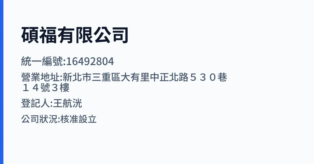 碩福有限公司 - 統編 16492804(新北市) 公司登記資料與營業項目詳細圖表