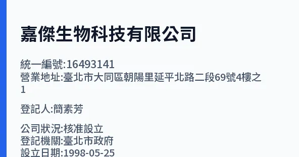 嘉傑生物科技有限公司的照片-統編 16493141(臺北市) 公司登記資料與營業項目詳細圖表