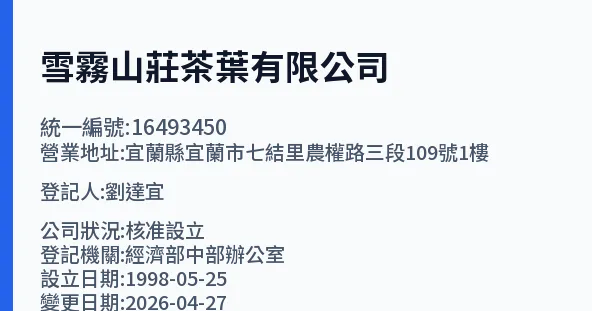 雪霧山莊茶葉有限公司的照片-統編 16493450(宜蘭縣) 公司登記資料與營業項目詳細圖表
