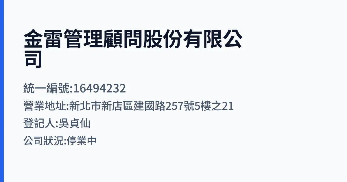 金雷管理顧問股份有限公司 - 統編 16494232(新北市) 公司登記資料與營業項目詳細圖表