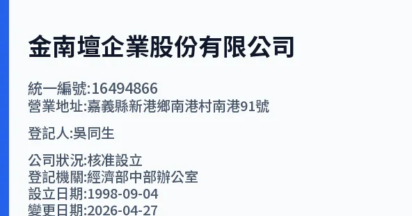 金南壇企業股份有限公司的照片-統編 16494866(嘉義縣) 公司登記資料與營業項目詳細圖表