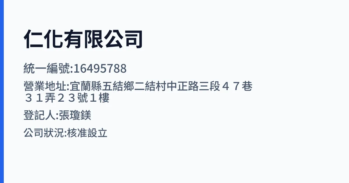 仁化有限公司 - 統編 16495788(宜蘭縣) 公司登記資料與營業項目詳細圖表