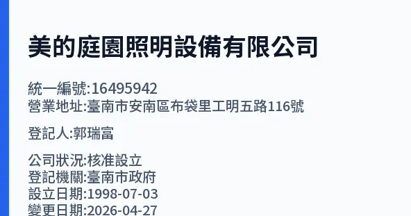 美的庭園照明設備有限公司的照片-統編 16495942(臺南市) 公司登記資料與營業項目詳細圖表