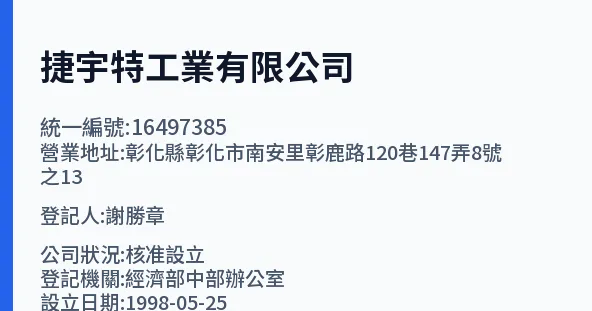 捷宇特工業有限公司的照片-統編 16497385(彰化縣) 公司登記資料與營業項目詳細圖表