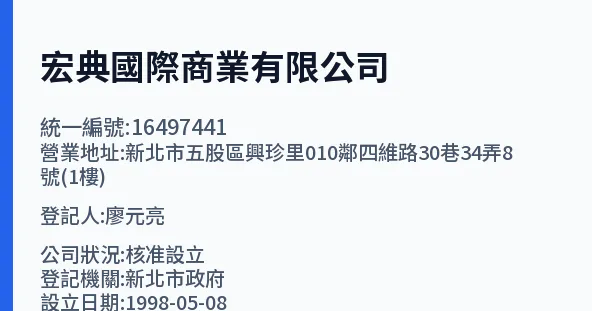 宏典國際商業有限公司的照片-統編 16497441(新北市) 公司登記資料與營業項目詳細圖表