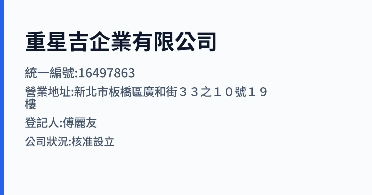 重星吉企業有限公司 - 統編 16497863(新北市) 公司登記資料與營業項目詳細圖表