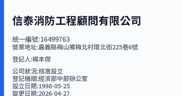 信泰消防工程顧問有限公司的照片-統編 16499763(嘉義縣) 公司登記資料與營業項目詳細圖表
