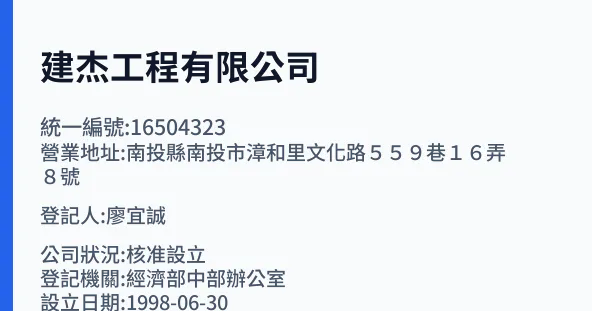 建杰工程有限公司的照片-統編 16504323(南投縣) 公司登記資料與營業項目詳細圖表