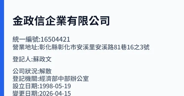 金政信企業有限公司的照片-統編 16504421(彰化縣) 公司登記資料與營業項目詳細圖表