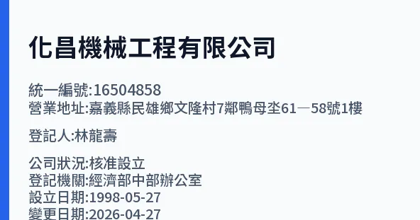 化昌機械工程有限公司的照片-統編 16504858(嘉義縣) 公司登記資料與營業項目詳細圖表