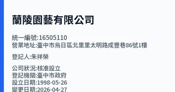 蘭陵園藝有限公司的照片-統編 16505110(臺中市) 公司登記資料與營業項目詳細圖表
