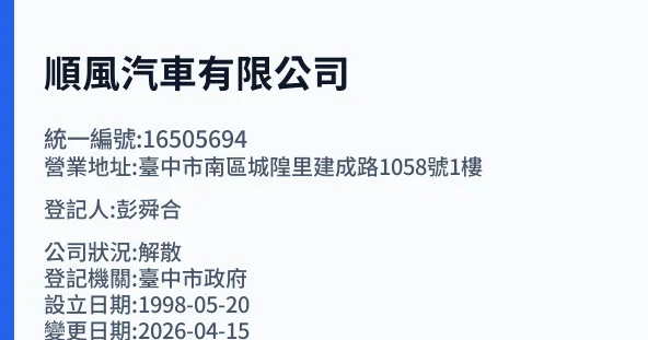 順風汽車有限公司的照片-統編 16505694(臺中市) 公司登記資料與營業項目詳細圖表