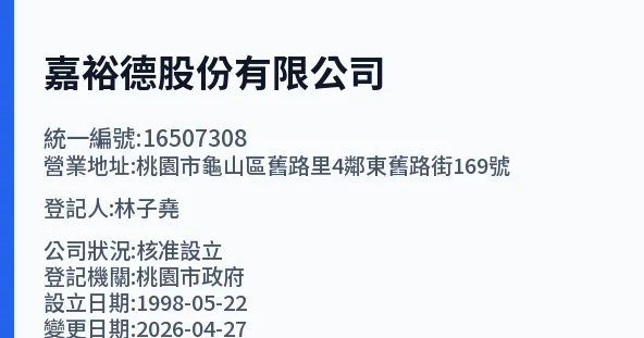 嘉裕德股份有限公司的照片-統編 16507308(桃園市) 公司登記資料與營業項目詳細圖表