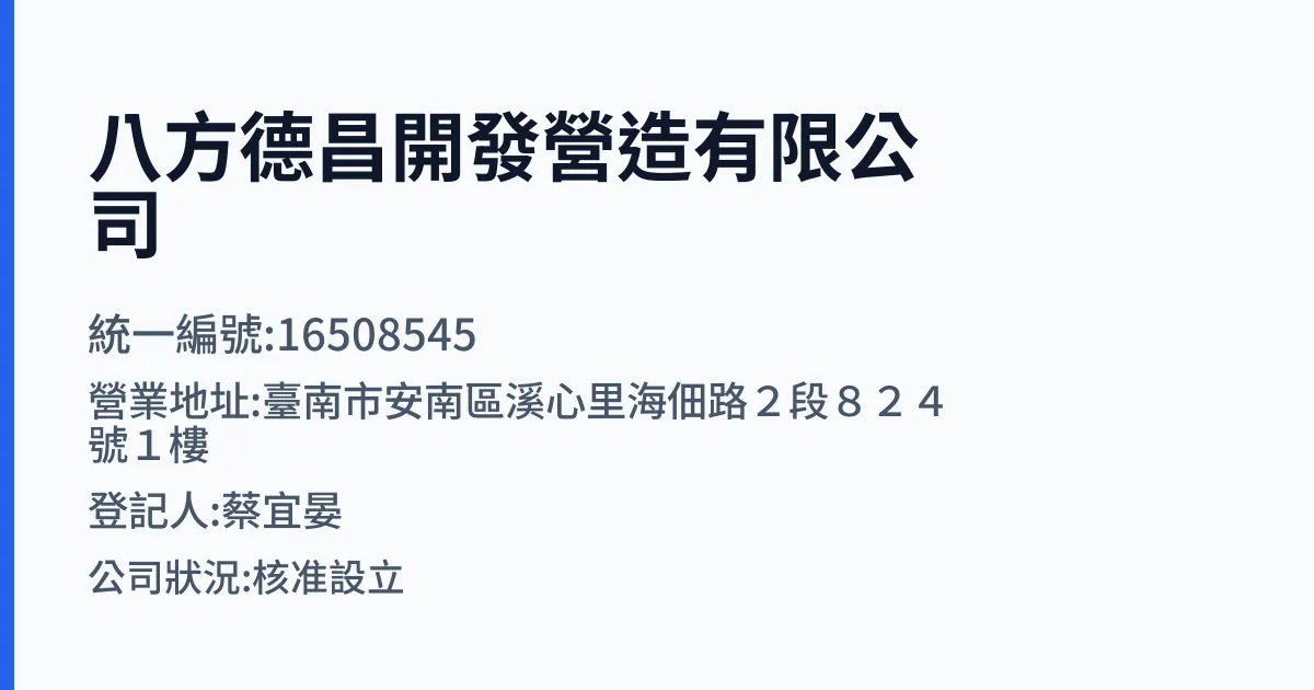 八方德昌開發營造有限公司 - 統編 16508545(臺南市) 公司登記資料與營業項目詳細圖表