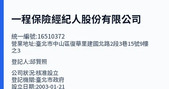 一程保險經紀人股份有限公司的照片-統編 16510372(臺北市) 公司登記資料與營業項目詳細圖表
