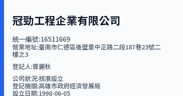冠勁工程企業有限公司的照片-統編 16511669(臺南市) 公司登記資料與營業項目詳細圖表