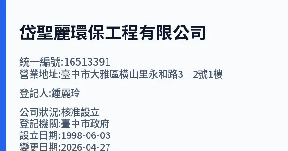 岱聖麗環保工程有限公司的照片-統編 16513391(臺中市) 公司登記資料與營業項目詳細圖表