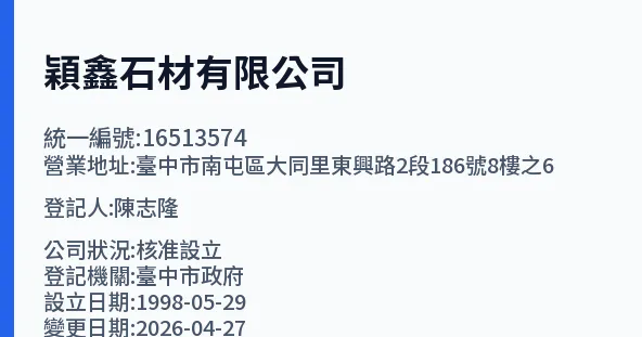 穎鑫石材有限公司的照片-統編 16513574(臺中市) 公司登記資料與營業項目詳細圖表