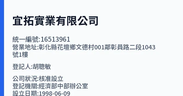 宜拓實業有限公司的照片-統編 16513961(彰化縣) 公司登記資料與營業項目詳細圖表