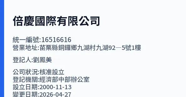 倍慶國際有限公司的照片-統編 16516616(苗栗縣) 公司登記資料與營業項目詳細圖表