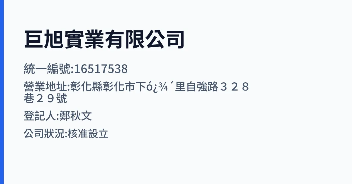 巨旭實業有限公司 - 統編 16517538(彰化縣) 公司登記資料與營業項目詳細圖表