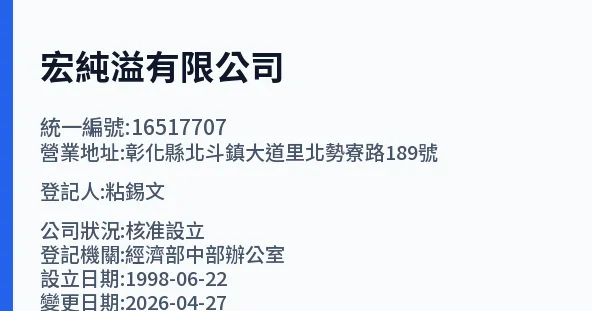 宏純溢有限公司的照片-統編 16517707(彰化縣) 公司登記資料與營業項目詳細圖表