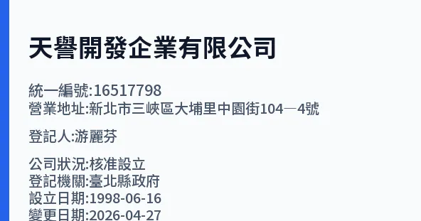 天譽開發企業有限公司的照片-統編 16517798(新北市) 公司登記資料與營業項目詳細圖表